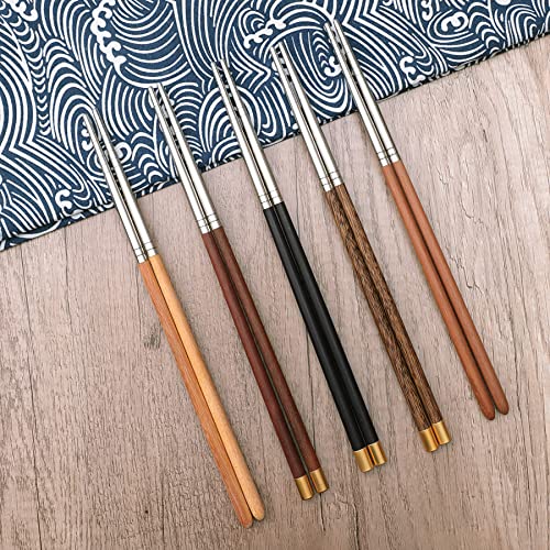 AKONEGE Reusable Chopsticks Wood Splicing Stainless Steel Chopsticks Metal Chopstick Lengthen Japanese Korean Chop Sticks 5 Pairs Gift Set, 9.8 inch