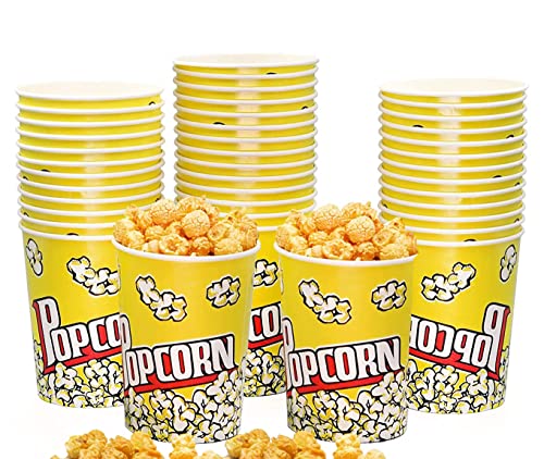 BLUFEU [50 Pack] 32 Oz Popcorn Buckets Disposable – Leakproof & Sturdy Popcorn Container – Large Popcorn Cups Disposable | Popcorn Bowls for Family Movie Night, Carnival theme parties, Movie theater