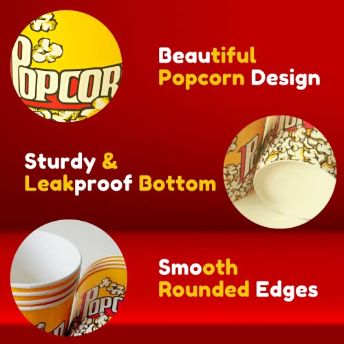 BLUFEU [50 Pack] 32 Oz Popcorn Buckets Disposable – Leakproof & Sturdy Popcorn Container – Large Popcorn Cups Disposable | Popcorn Bowls for Family Movie Night, Carnival theme parties, Movie theater