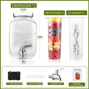 1 Gallon Drink Dispenser with Spigot 18/8 Stainless Steel – Airtight & Leakproof Glass Sun Tea Jar with Anti-Rust Lid, Beverage Dispenser for Parties – Include Ice Cylinder and Fruit Infuser