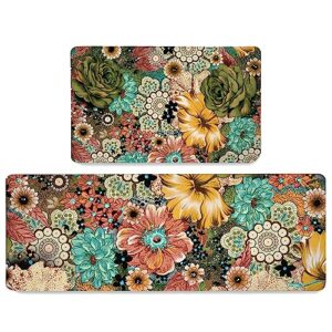 boho floral kitchen rug set of 2 colorful flowers anti fatigue non-slip kitchen floor mats comfort standing bohemian mat waterproof farmhouse sink laundry pvc carpet(17.3 x 28 inch+17.3 x 47 inch)