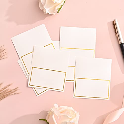 KraftiSky 100 Pack Place Cards for Table Setting with Gold Foil Border Table Tent Cards for Seating Perfect for Weddings, Dinner Parties, Banquets 2” x 3.5”