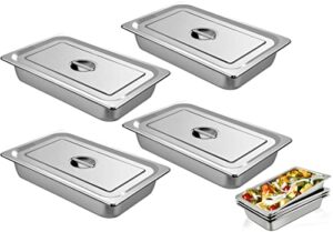 zeropone hotel pan 4" deep steam table pan 4 pack full size with lid 20.8"l x 12.8"w hotel pan 22 gauge stainless steel anti jam steam table pan