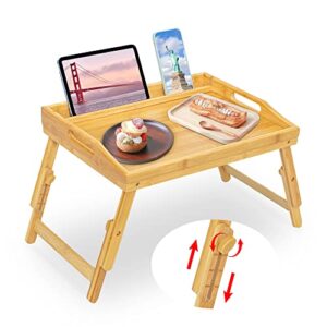 bed tray table for eating - bamboo breakfast food table with phone tablet holder - adjustable height serving tray with folding legs on lap sofa - portable laptop snack platter for bedroom picnic