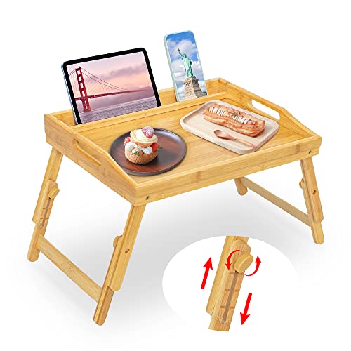 Bed Tray Table for Eating - Bamboo Breakfast Food Table with Phone Tablet Holder - Adjustable Height Serving Tray with Folding Legs on Lap Sofa - Portable Laptop Snack Platter for Bedroom Picnic