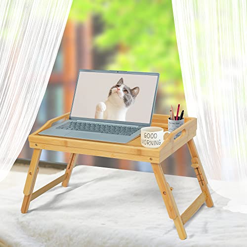 Bed Tray Table for Eating - Bamboo Breakfast Food Table with Phone Tablet Holder - Adjustable Height Serving Tray with Folding Legs on Lap Sofa - Portable Laptop Snack Platter for Bedroom Picnic