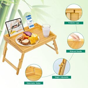 Bed Tray Table for Eating - Bamboo Breakfast Food Table with Phone Tablet Holder - Adjustable Height Serving Tray with Folding Legs on Lap Sofa - Portable Laptop Snack Platter for Bedroom Picnic