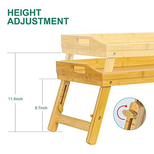 Bed Tray Table for Eating - Bamboo Breakfast Food Table with Phone Tablet Holder - Adjustable Height Serving Tray with Folding Legs on Lap Sofa - Portable Laptop Snack Platter for Bedroom Picnic