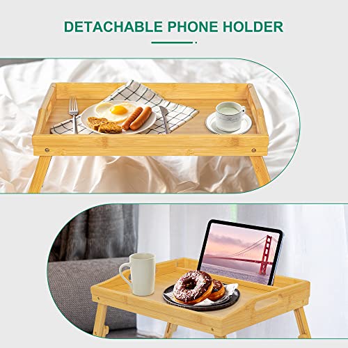 Bed Tray Table for Eating - Bamboo Breakfast Food Table with Phone Tablet Holder - Adjustable Height Serving Tray with Folding Legs on Lap Sofa - Portable Laptop Snack Platter for Bedroom Picnic