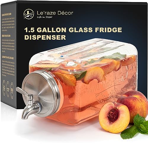 Glass Ice Bucket - 100% Leakproof Stainless Steel Spigot - Drink Dispenser for Fridge, Liquid Laundry Detergent Dispenser, Beverage Dispenser for Parties, Water Dispenser Countertop, 1.5-Gallon Jug