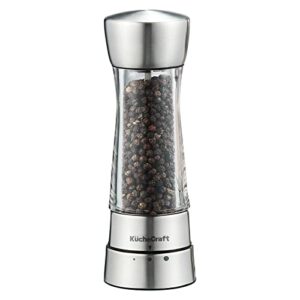 kuchecraft pepper grinder - easy grip pepper mill grinder or salt grinder refillable - stainless steel peppercorn grinder with upgraded grinding precision