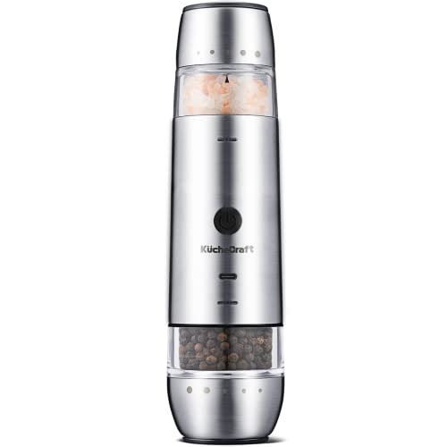 KucheCraft 2 in 1 Electric Salt and Pepper Grinder Rechargeable, Automatic Pepper Grinder Refillable and Sea Salt Mill, Stainless Steel Pepper Mill Grinder with Upgraded Grinding Precision