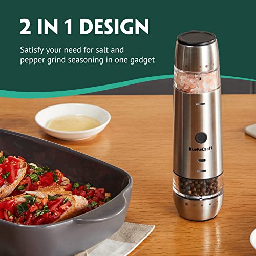 KucheCraft 2 in 1 Electric Salt and Pepper Grinder Rechargeable, Automatic Pepper Grinder Refillable and Sea Salt Mill, Stainless Steel Pepper Mill Grinder with Upgraded Grinding Precision