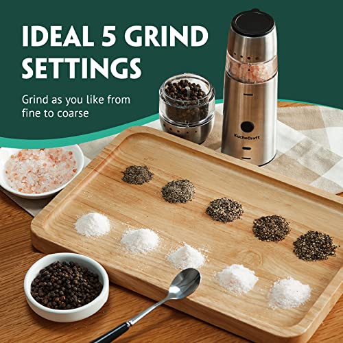 KucheCraft 2 in 1 Electric Salt and Pepper Grinder Rechargeable, Automatic Pepper Grinder Refillable and Sea Salt Mill, Stainless Steel Pepper Mill Grinder with Upgraded Grinding Precision