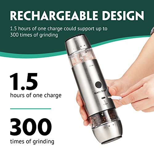 KucheCraft 2 in 1 Electric Salt and Pepper Grinder Rechargeable, Automatic Pepper Grinder Refillable and Sea Salt Mill, Stainless Steel Pepper Mill Grinder with Upgraded Grinding Precision