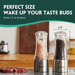 Salt and Pepper Grinder Set - KucheCraft Intuitive Salt Grinder & Pepper Grinder Refillable - Stainless Steel Manual Salt and Pepper Mill with Aroma Sealable Cap - Up to 5 Preset Grind Sizes