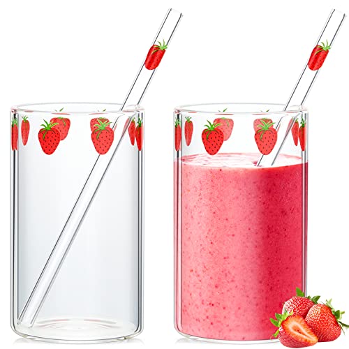 2 Sets Strawberry Cups Strawberry Glass Cup with Straw Lovely Glass Tumbler Strawberry Cup Clear Cute Tumbler with Straw Strawberry Pattern Glasses Bottle for Juice Water Milk Coffee Tea (Lovely)