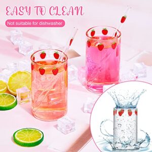 2 Sets Strawberry Cups Strawberry Glass Cup with Straw Lovely Glass Tumbler Strawberry Cup Clear Cute Tumbler with Straw Strawberry Pattern Glasses Bottle for Juice Water Milk Coffee Tea (Lovely)