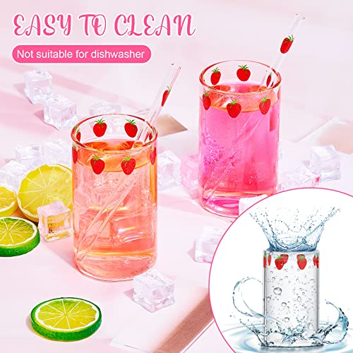 2 Sets Strawberry Cups Strawberry Glass Cup with Straw Lovely Glass Tumbler Strawberry Cup Clear Cute Tumbler with Straw Strawberry Pattern Glasses Bottle for Juice Water Milk Coffee Tea (Lovely)