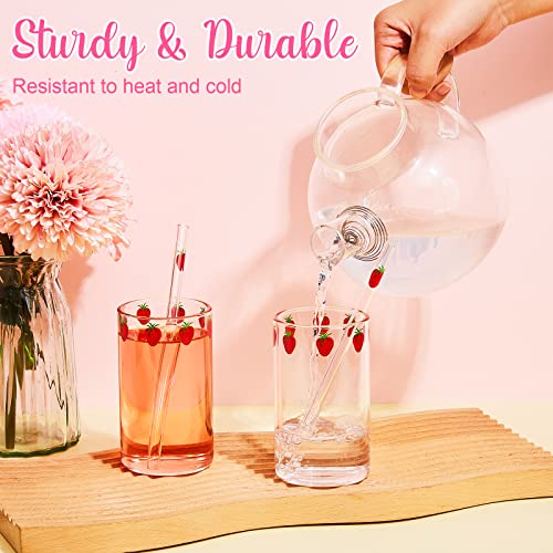 2 Sets Strawberry Cups Strawberry Glass Cup with Straw Lovely Glass Tumbler Strawberry Cup Clear Cute Tumbler with Straw Strawberry Pattern Glasses Bottle for Juice Water Milk Coffee Tea (Lovely)