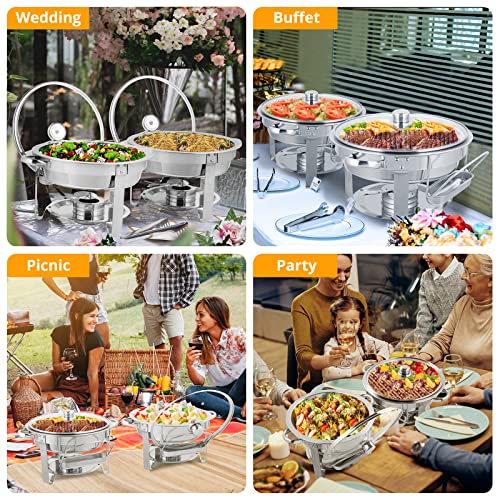 ROVSUN 5Qt 4 Pack Chafing Dish Buffet Set, Stainless Steel Round Chafers for Catering, Buffet Servers and Warmers Set with Glass Lid & Lid Holder, Thick Stand Frame for Wedding Party Banquet Event