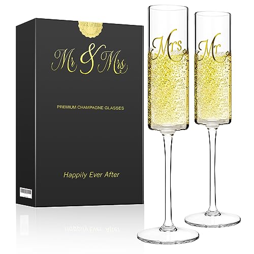 Mr and Mrs Champagne Flutes with Long Stem,Bride and Groom Toasting Glass,Elegant 7oz Square Wine Glasses Set of 2, Bridal Shower Unique Gift for Wedding, Anniversary, Engagement Gifts for Couples