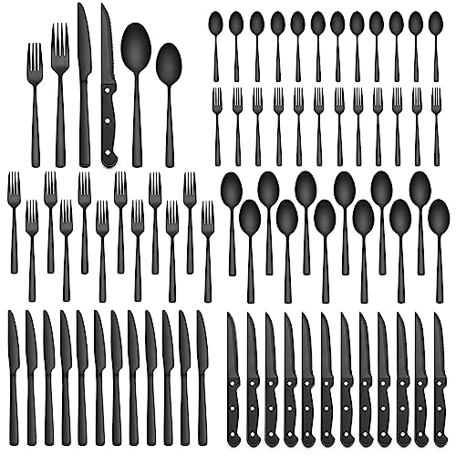 48-Piece Black Silverware Set with Steak Knives, Black Flatware Set for 8, Food-Grade Stainless Steel Tableware Cutlery Set, Utensil Sets Kitchen Cutlery for Home Office Restaurant Hotel