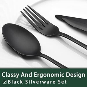 48-Piece Black Silverware Set with Steak Knives, Black Flatware Set for 8, Food-Grade Stainless Steel Tableware Cutlery Set, Utensil Sets Kitchen Cutlery for Home Office Restaurant Hotel