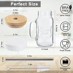 Mason Jar 24OZ Mason Jar with Lid and Straw Regular Mason Jar Lids Set Of 4 Mason Jar Cups with Handles Reusable Boba Cups Travel Bottle for Iced Coffee Large Pearl Juice Cocktail Smoothie (4, 24OZ)