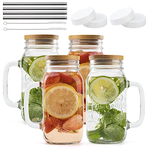 Mason Jar 24OZ Mason Jar with Lid and Straw Regular Mason Jar Lids Set Of 4 Mason Jar Cups with Handles Reusable Boba Cups Travel Bottle for Iced Coffee Large Pearl Juice Cocktail Smoothie (4, 24OZ)