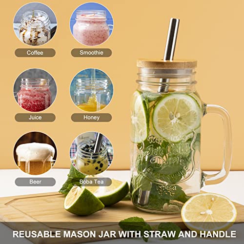 Mason Jar 24OZ Mason Jar with Lid and Straw Regular Mason Jar Lids Set Of 4 Mason Jar Cups with Handles Reusable Boba Cups Travel Bottle for Iced Coffee Large Pearl Juice Cocktail Smoothie (4, 24OZ)