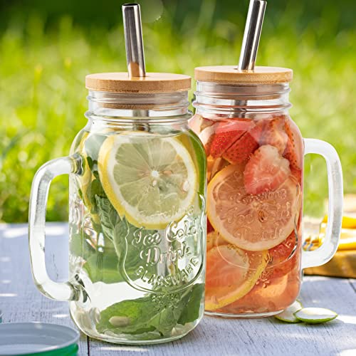 Mason Jar 24OZ Mason Jar with Lid and Straw Regular Mason Jar Lids Set Of 4 Mason Jar Cups with Handles Reusable Boba Cups Travel Bottle for Iced Coffee Large Pearl Juice Cocktail Smoothie (4, 24OZ)