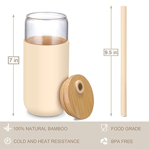 20oz Glass Water Tumbler with Silicone Protective Sleeve - Beer Can Shaped Glass Cups with Straw and Bamboo Lid, Iced Coffee Glasses, Cute Drinking Glasses for, Water Smoothie, Boba Tea, Gift - Amber