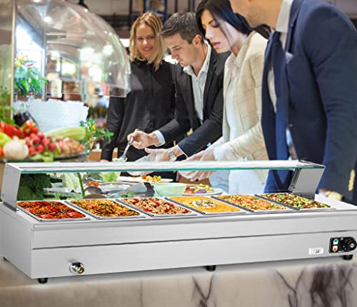 Worcest 6 Pan Commercial Food Warmer 110v 1500w Electric Stainless Steel Bain Steam Table Food Warmer with Large Capacity Pans for Catering and Parties Restaurants Business Occasion (110v 6-Pan)