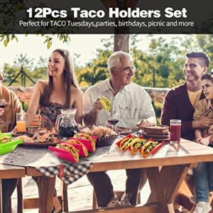 Taco Holder Set, 12 Pack/24 Pack Large Colorful Taco Tray, Taco Stand Each Can Hold 2 or 3 Tacos, Food Grade PP Material, Taco Tray Holder, Tacos Holder for Party, Dishwasher and Microwave(12 Pack)