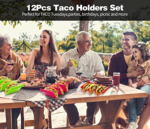 Taco Holder Set, 12 Pack/24 Pack Large Colorful Taco Tray, Taco Stand Each Can Hold 2 or 3 Tacos, Food Grade PP Material, Taco Tray Holder, Tacos Holder for Party, Dishwasher and Microwave(12 Pack)