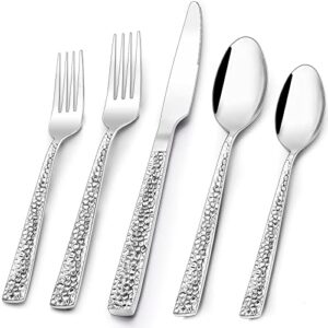 hammered silverware set, paincco 40-piece stainless steel square flatware set for 8, tableware cutlery set, utensil set for home restaurant, includes fork knife spoon, modern design, dishwasher safe