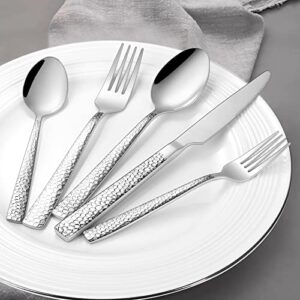 Hammered Silverware Set, Paincco 40-Piece Stainless Steel Square Flatware Set for 8, Tableware Cutlery Set, Utensil Set for Home Restaurant, Includes Fork Knife Spoon, Modern Design, Dishwasher Safe