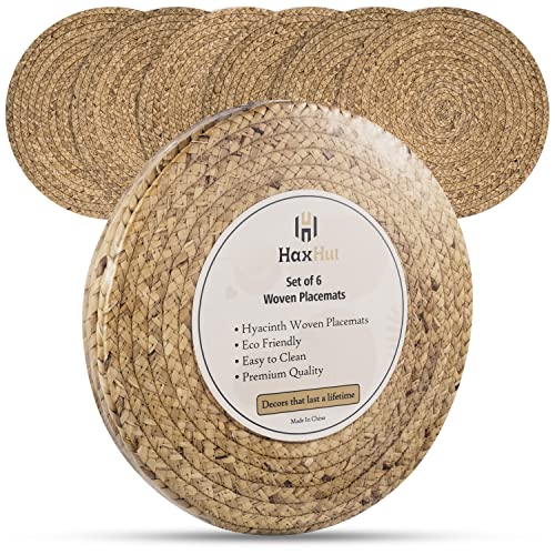 Haxhut Round Woven Placemats - Natural Placemats Set of 6, Straw Braided Rattan Placemats, 13.5 Inches, Non-Slip, Heat Resistant, Hand Woven Chargers for Dining Table (Pack of 6)