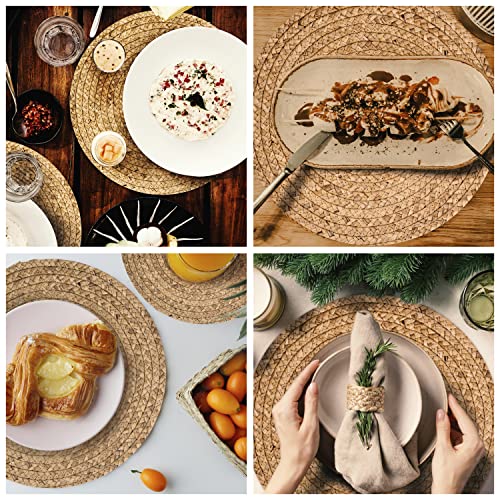 Haxhut Round Woven Placemats - Natural Placemats Set of 6, Straw Braided Rattan Placemats, 13.5 Inches, Non-Slip, Heat Resistant, Hand Woven Chargers for Dining Table (Pack of 6)