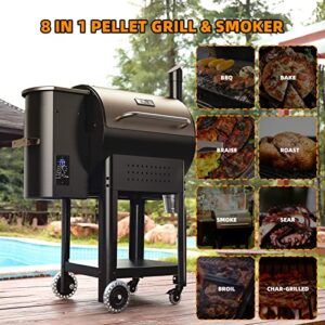 HiMombo Wood Pellet Grill and Smoker TWPG 570 sq, 8 in 1 BBQ Grill with 150-500℉ Auto Temperature Control, D2 Smoker Grill with Extendable Hopper, Foldable Table Legs and Cover, for Outdoor Grill,Smoke,Bake and Roast