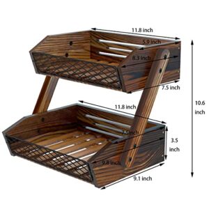 Dorhors Fruit Basket for Kitchen, 2 Tier Fruit Bowl,Kitchen Counter Organizer,Wooden Fruit Holder for Kitchen Countertop,Bread Fruit Vegetable Storage Basket Stand