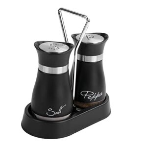 wartter 2 pcs - stainless steel and glass salt and pepper shaker sets with holder (black)