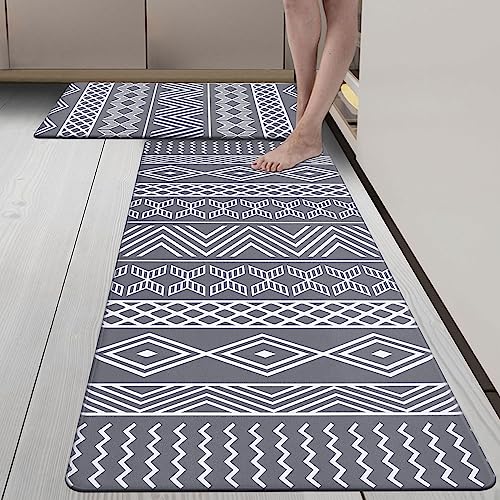 HiiARug Anti Fatigue Kitchen Mat Set of 2 Kitchen Floor Mats 18"x47"+18"x30" Cushioned Kitchen Runner Carpet Waterproof Kitchen Runner Mats for Kitchen Decor Laundry Room Standing Desk Mat