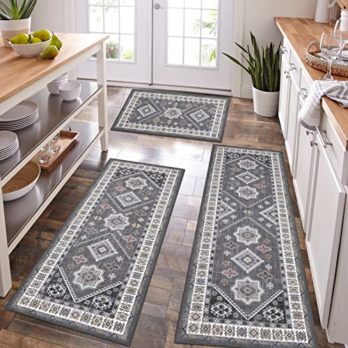 HEBE Boho Kitchen Rug Sets 3 Piece with Runner Bohemian Kitchen Rugs and Mats Non Skid Kitchen Mats for Floor Washable Kitchen Floor Mat Runner Rugs for Hallway Kitchen Holiday Decor