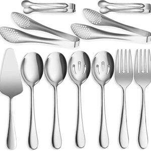 IAXSEE 11 PCS Serving Utensils, Large Stainless Steel Spoons Forks Tongs, Pie Server, Great for Hostess Buffet Catering Banquet Party, Silver