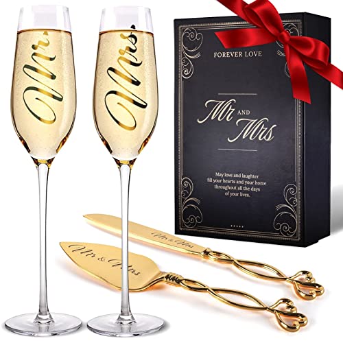 Rivocoda Wedding Cake Knife and Server Set Champagne Flutes Engraved Mr and Mrs Gifts，Bride and Groom Toasting Champagne Glasses for Wedding Gifts for Couple Anniversary Bride Shower Engagement Gifts