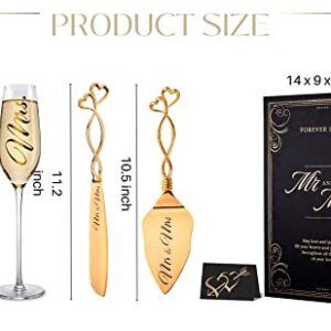 Rivocoda Wedding Cake Knife and Server Set Champagne Flutes Engraved Mr and Mrs Gifts，Bride and Groom Toasting Champagne Glasses for Wedding Gifts for Couple Anniversary Bride Shower Engagement Gifts