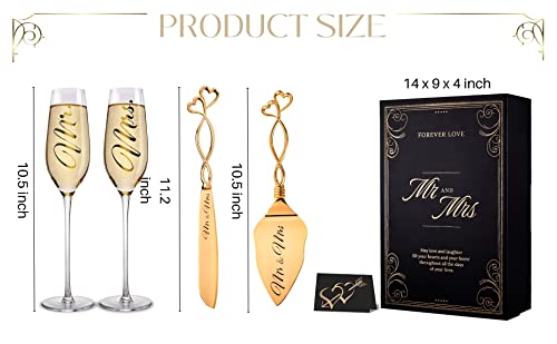 Rivocoda Wedding Cake Knife and Server Set Champagne Flutes Engraved Mr and Mrs Gifts，Bride and Groom Toasting Champagne Glasses for Wedding Gifts for Couple Anniversary Bride Shower Engagement Gifts