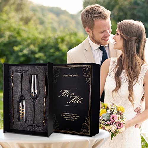 Rivocoda Wedding Cake Knife and Server Set Champagne Flutes Engraved Mr and Mrs Gifts，Bride and Groom Toasting Champagne Glasses for Wedding Gifts for Couple Anniversary Bride Shower Engagement Gifts